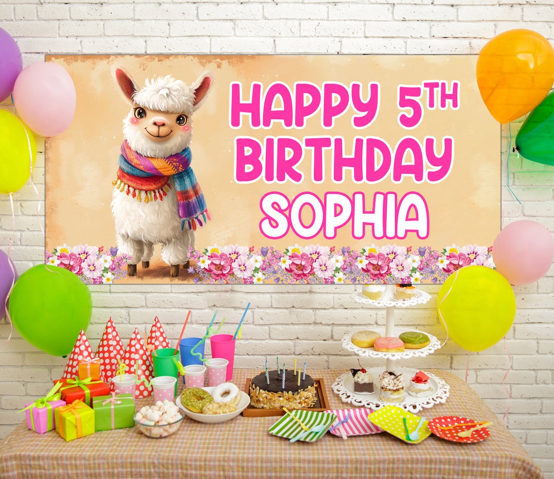 Llama Happy Birthday Banner, Backdrop Party Decor, Custom Vinyl Banner ...