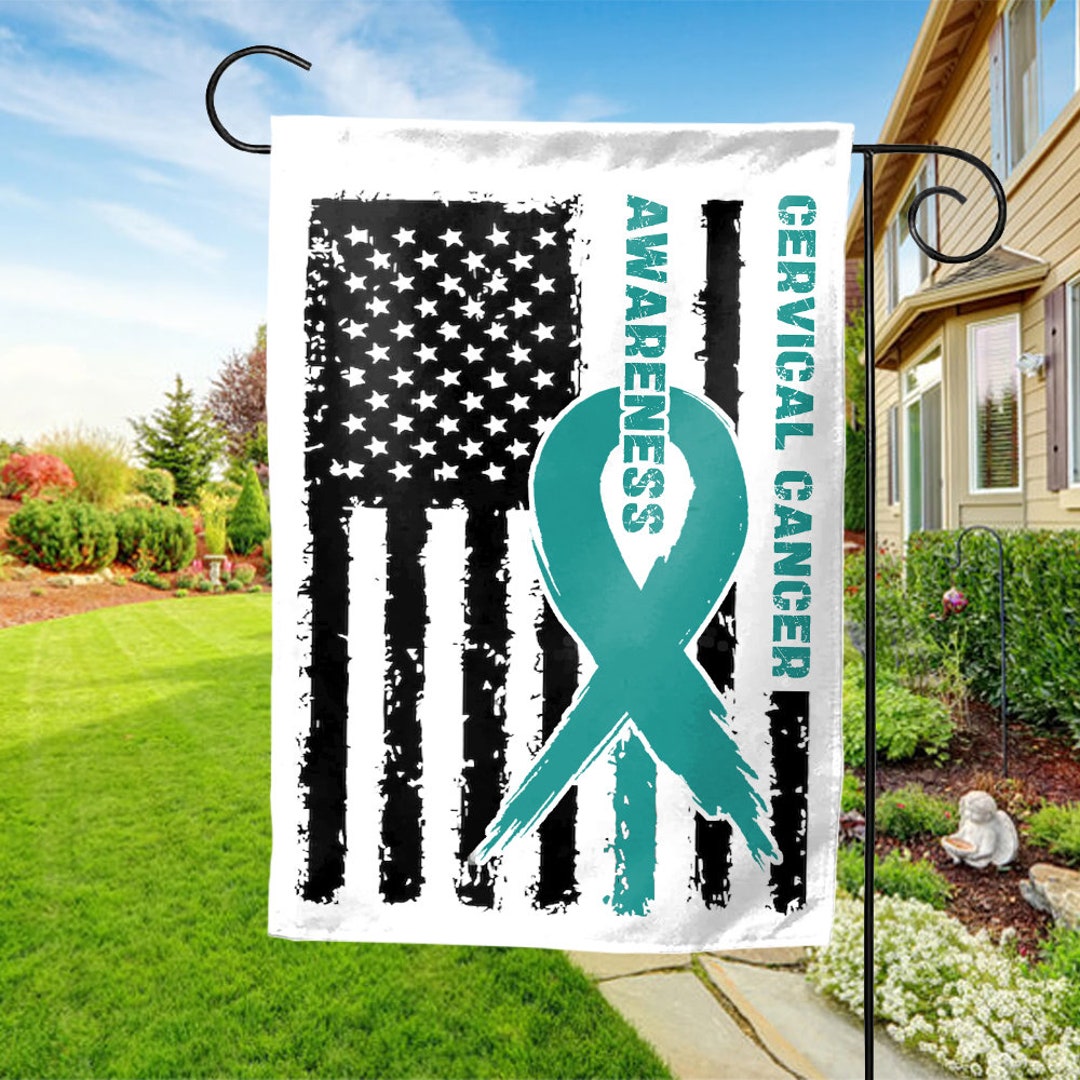Ovarian Cancer Awareness US Flag Garden Flag, Teal Ribbon Butterfly ...