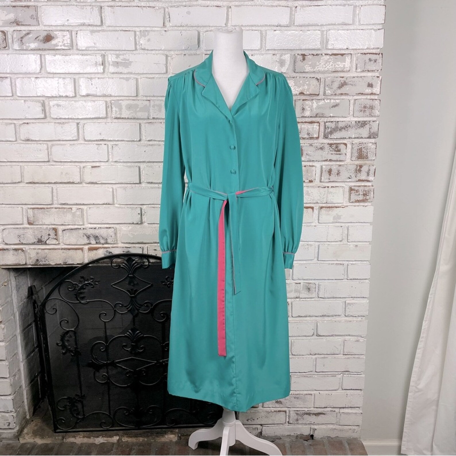 Vintage 70s Jenni Green and Pink Tie Belt Button Down Midi Shirt Dress ...