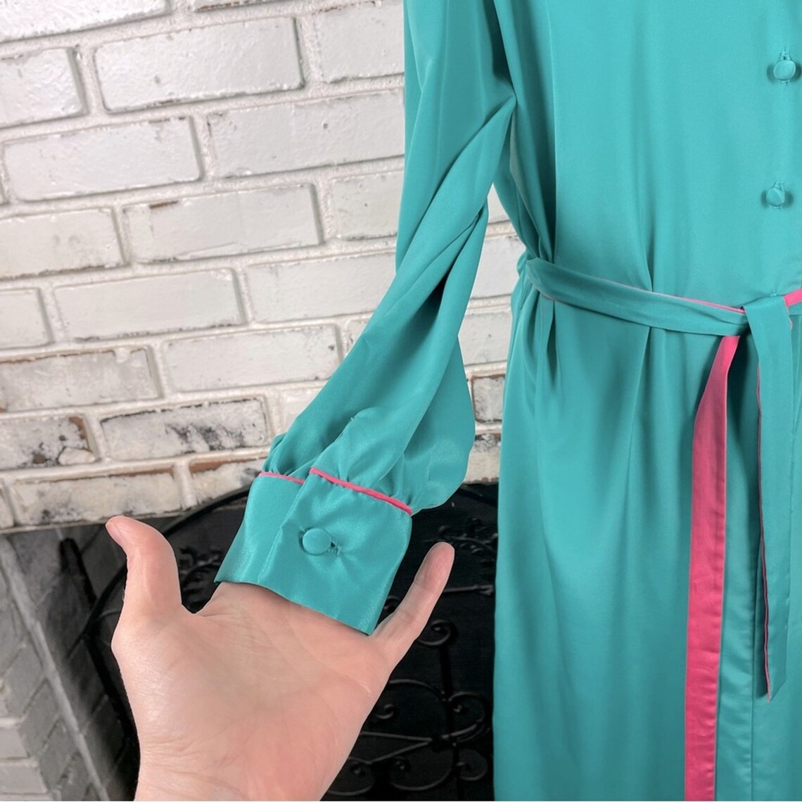 Vintage 70s Jenni Green and Pink Tie Belt Button Down Midi Shirt Dress ...