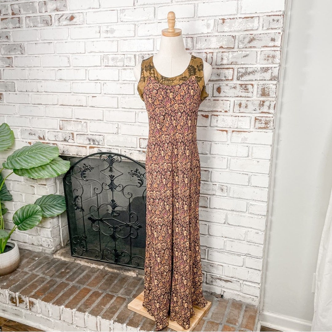 Vintage April Cornell Earth Tone Boho Floral Pink Brown Lavender Maxi ...