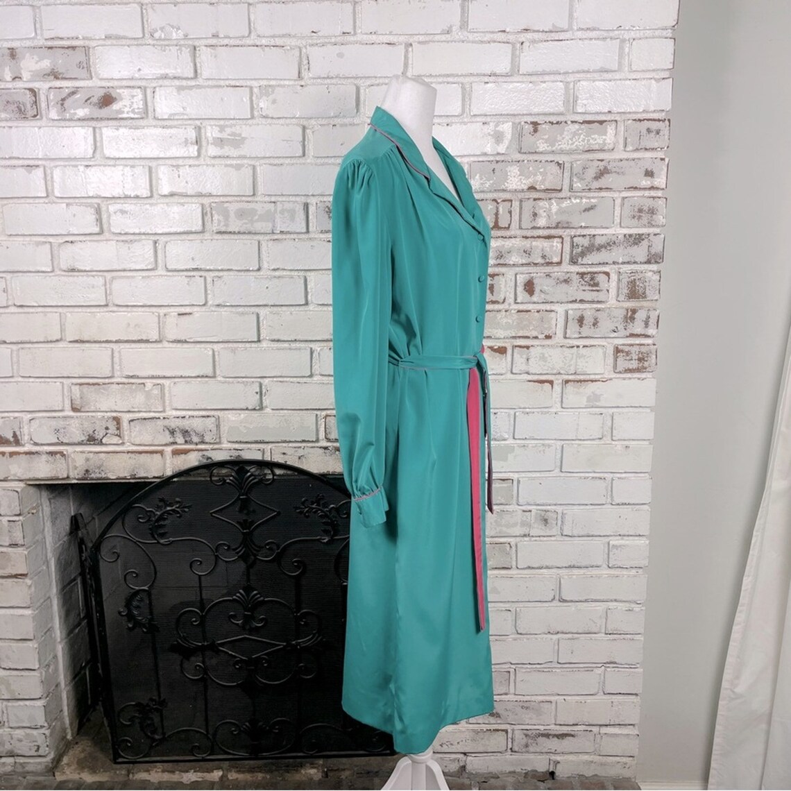 Vintage 70s Jenni Green and Pink Tie Belt Button Down Midi Shirt Dress ...