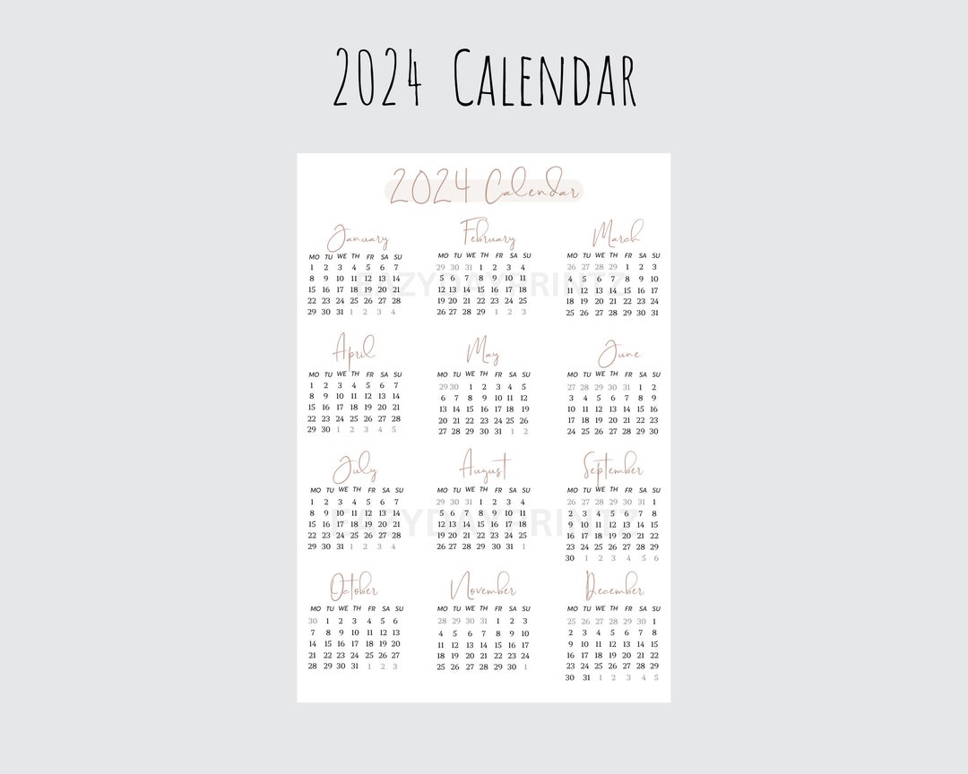 2024 Calendar Minimalist Printable, Januarydecember 2024, Yearly ...