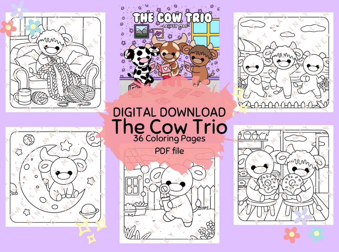 Cow Trio Coloring Book- Digital Download Coloring Book, Cow Coloring ...