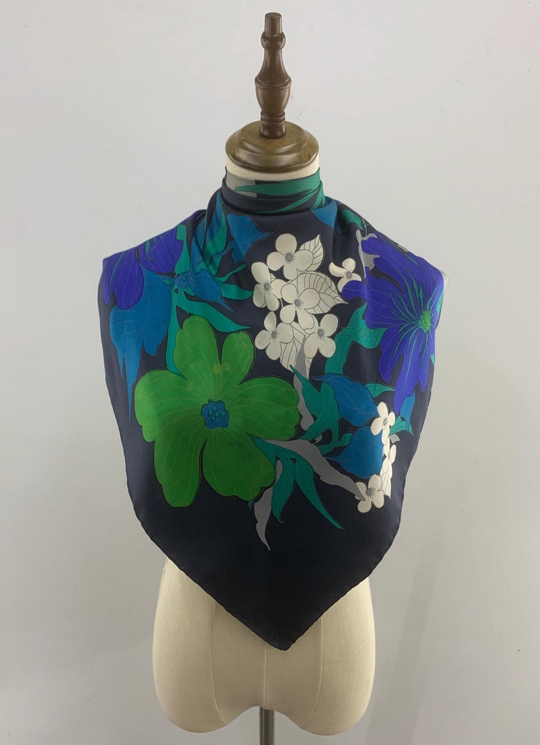 Vintage Blue Flowering Silk Scarf Neckwear Babushka Hijab Square Scarf ...