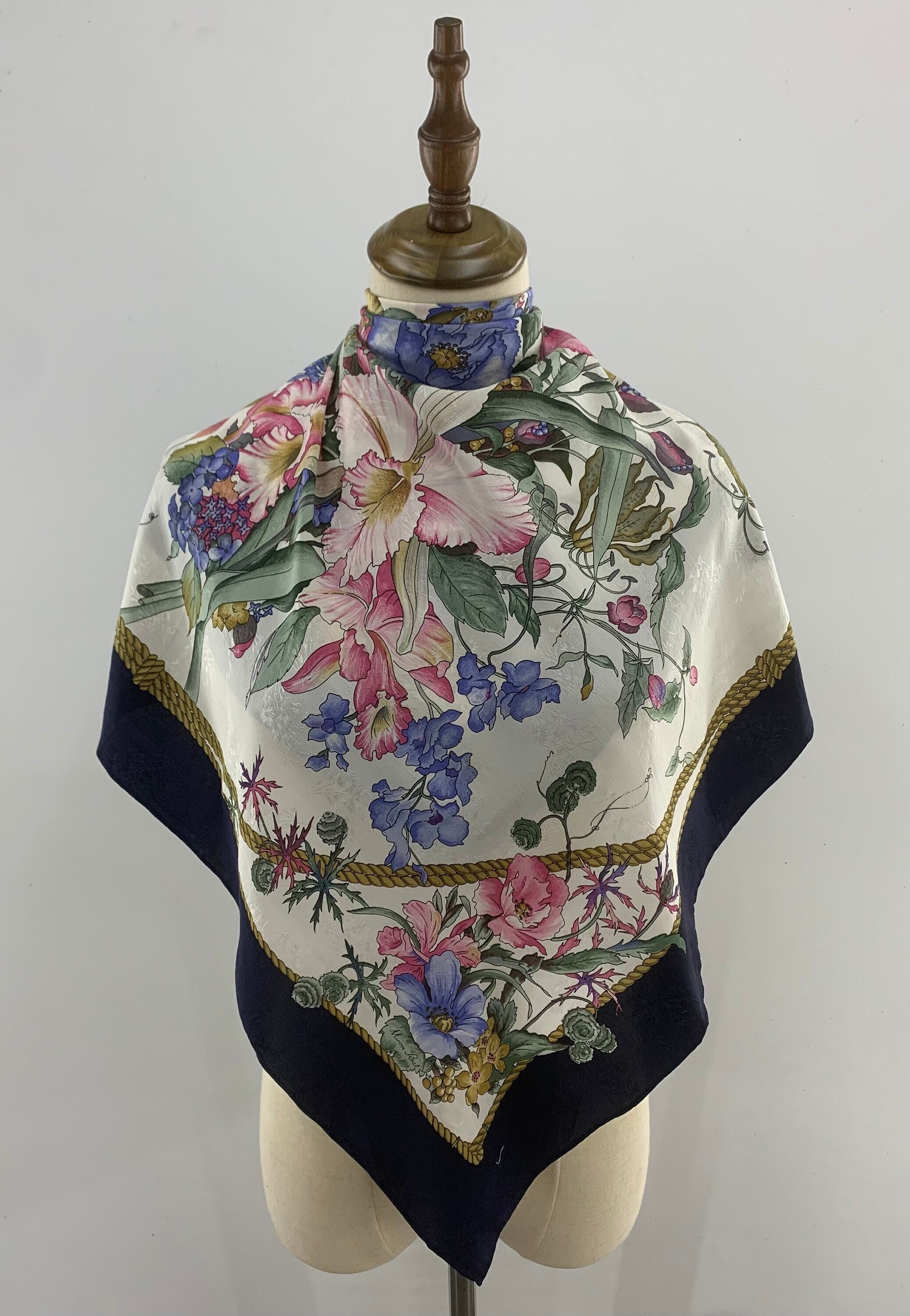 Vintage Authentic Moon Bat Flowering Silk Scarf Babushka Body Wrap ...