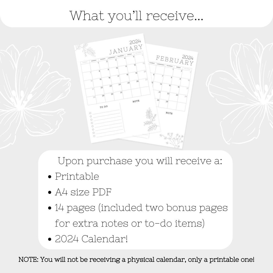 Printable Floral Minimalistic 2024 Calendar Line Art Calendar 2024 ...