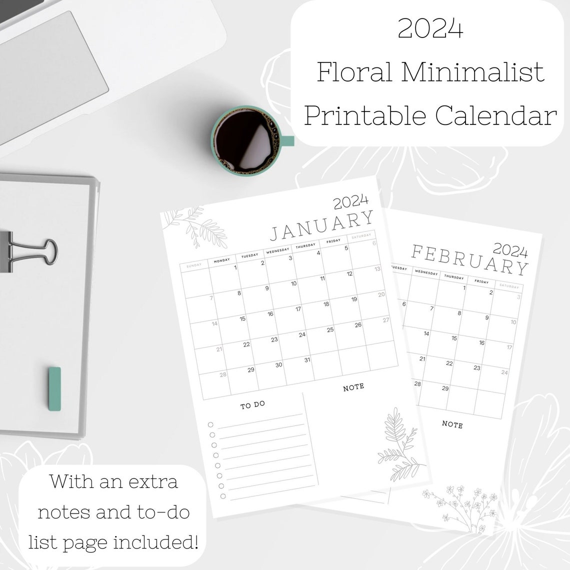 Printable Floral Minimalistic 2024 Calendar Line Art Calendar 2024 ...