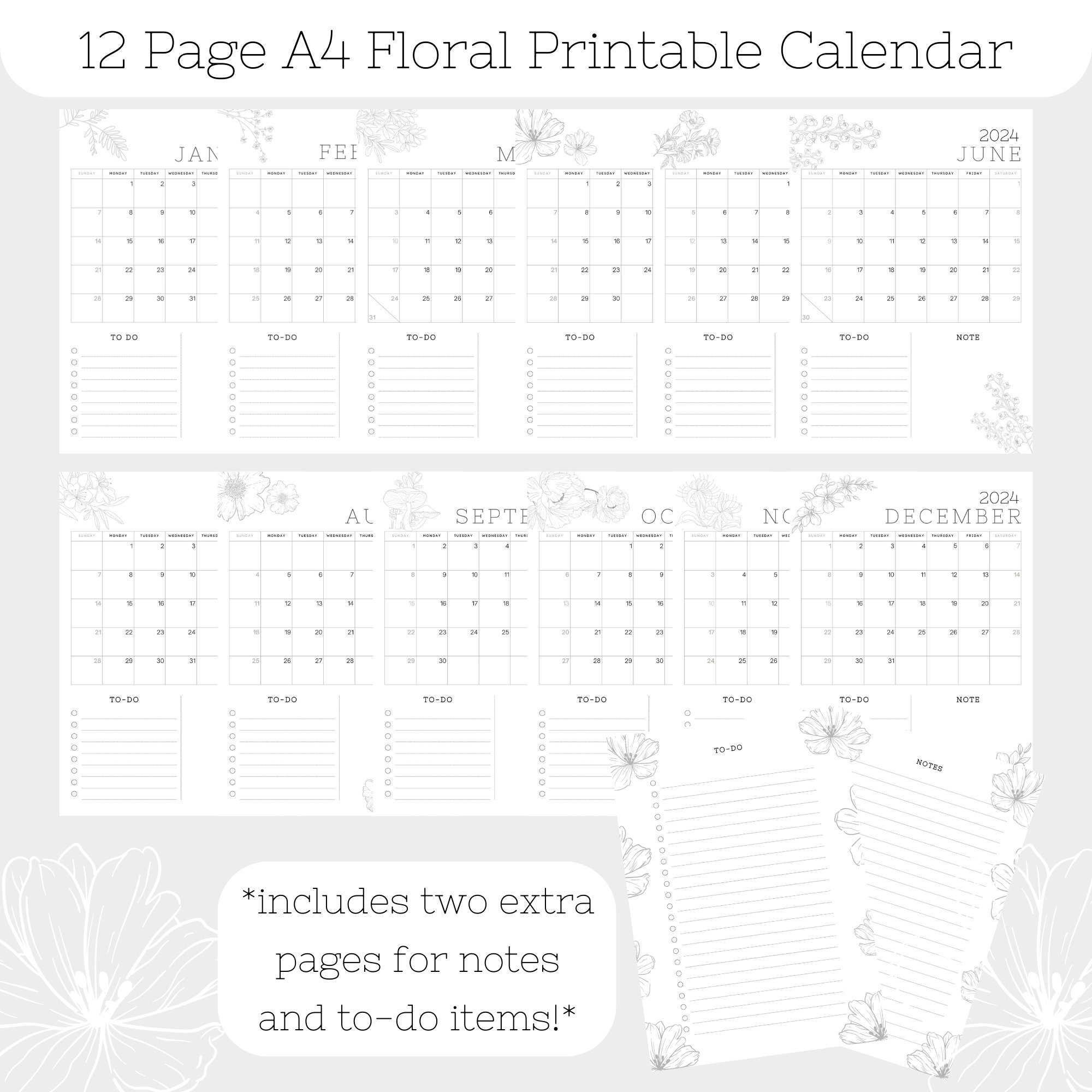 Printable Floral Minimalistic 2024 Calendar Line Art Calendar 2024 ...