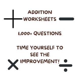 1,000 Addition Questions Printable Math Drills 5-8 Year Olds Instant ...