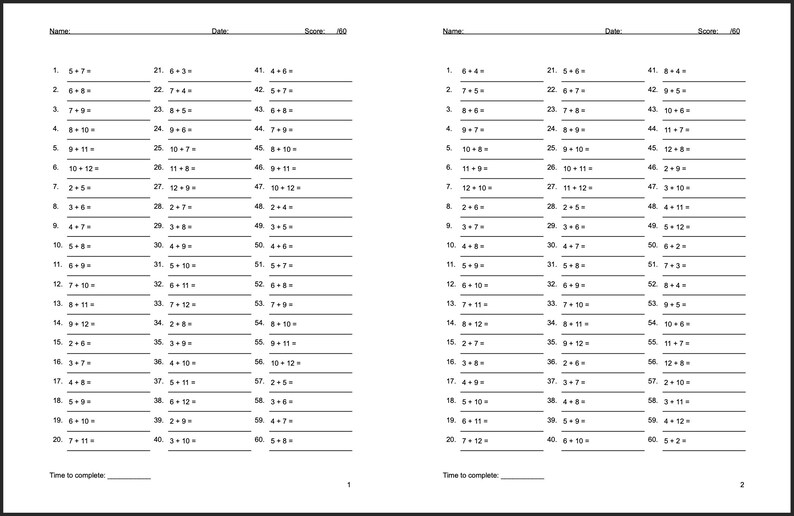 1,000 Addition Questions Printable Math Drills 5-8 Year Olds Instant ...