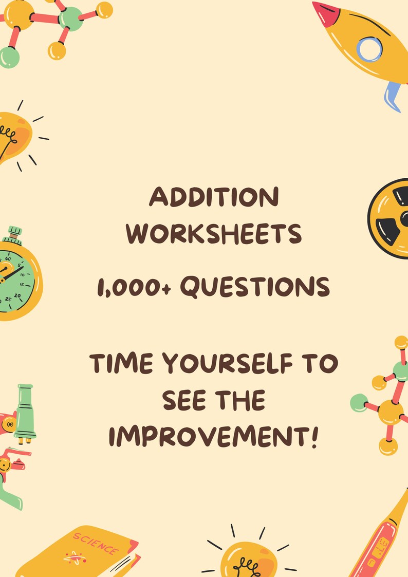 1,000 Addition Questions Printable Math Drills 5-8 Year Olds Instant ...