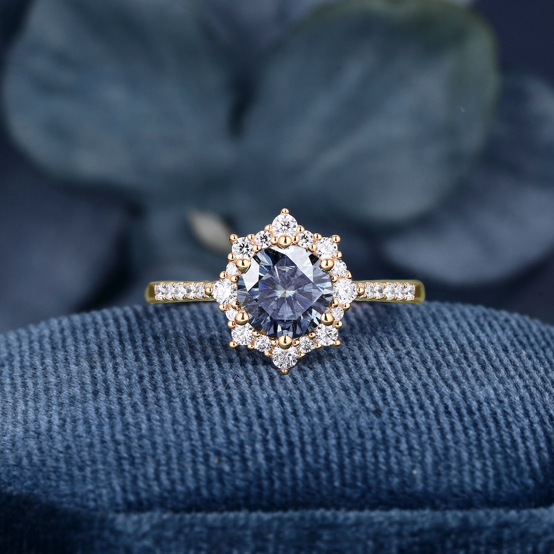 Luxury Round Cut Blue Grey Moissanite 925 Sterling Silver Ring for ...