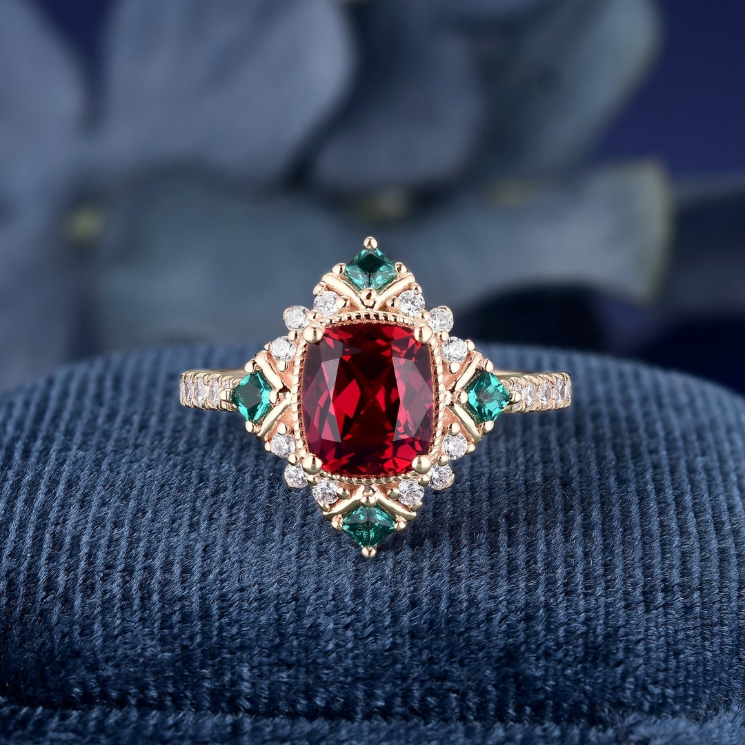 Cushion Cut Ruby 925 Sterling Silver Ring Engagement Ring Wedding Band ...