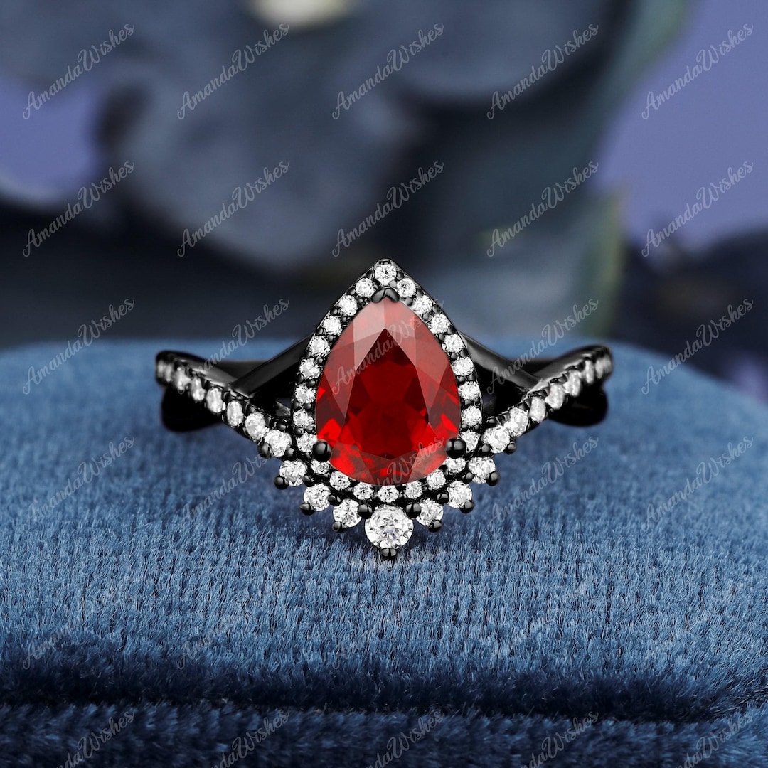 925 Silver Black Gold Plated Pear Cut Lab Created Ruby Ring for Women Engagement Ring Luxury ...