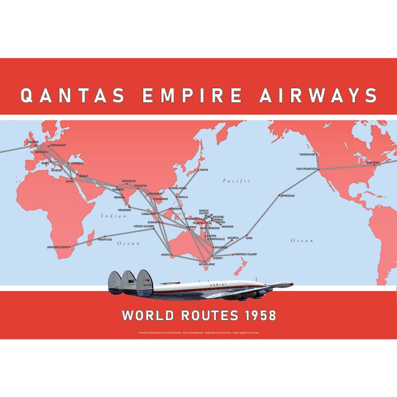 Qantas Empire Airways World Routes Map Art Print – 1958 With Super ...
