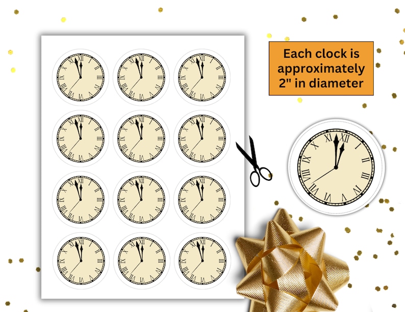New Years Clock Countdown, New Years Eve Favor, Clock Round Gift Tag ...