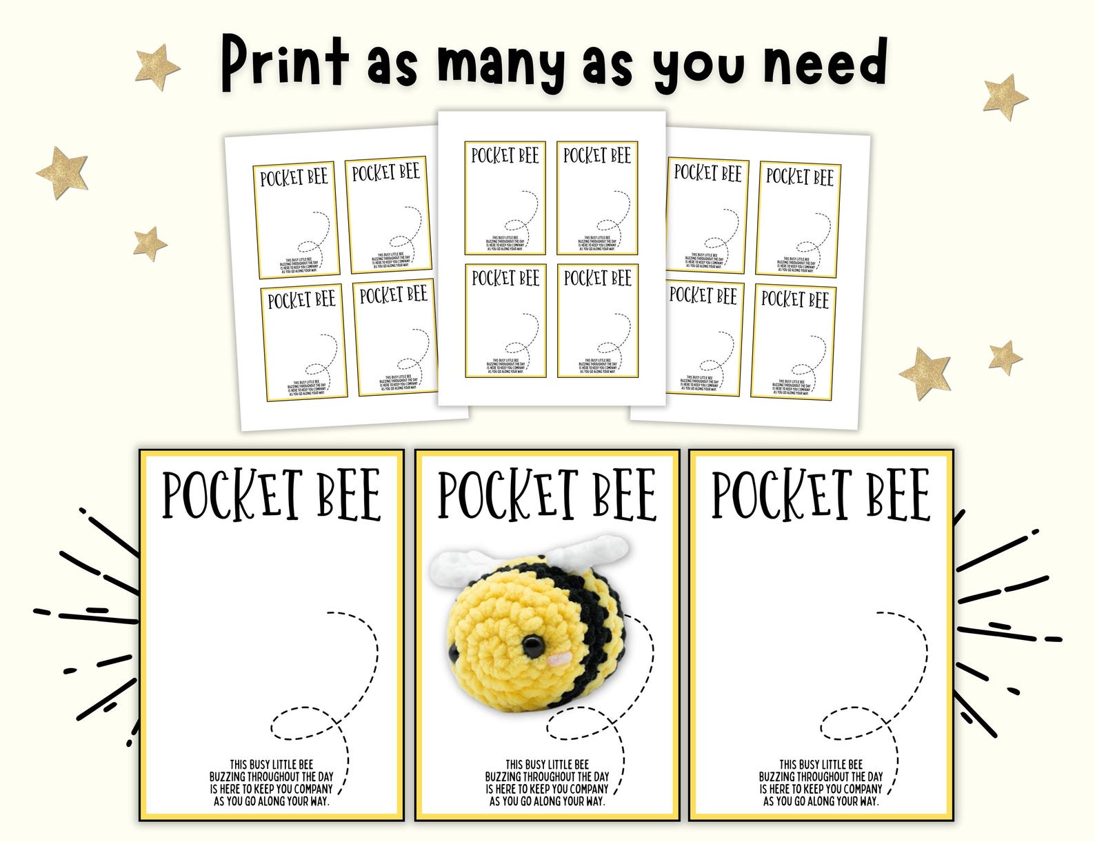Printable Pocket Bee Cards for Crochet Bees, Bee Charms, Amigurumi Bees ...