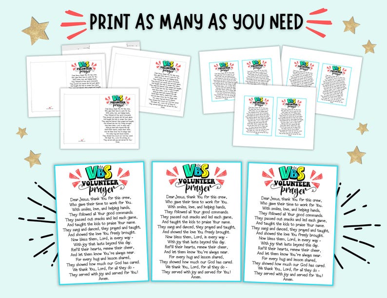 VBS Thank You Cards for Volunteers, Vacation Bible School Prayer Cards ...