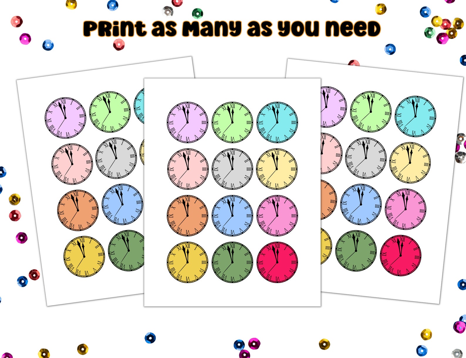 New Years Clock Countdown, New Years Eve Favor, Clock Round Gift Tag ...