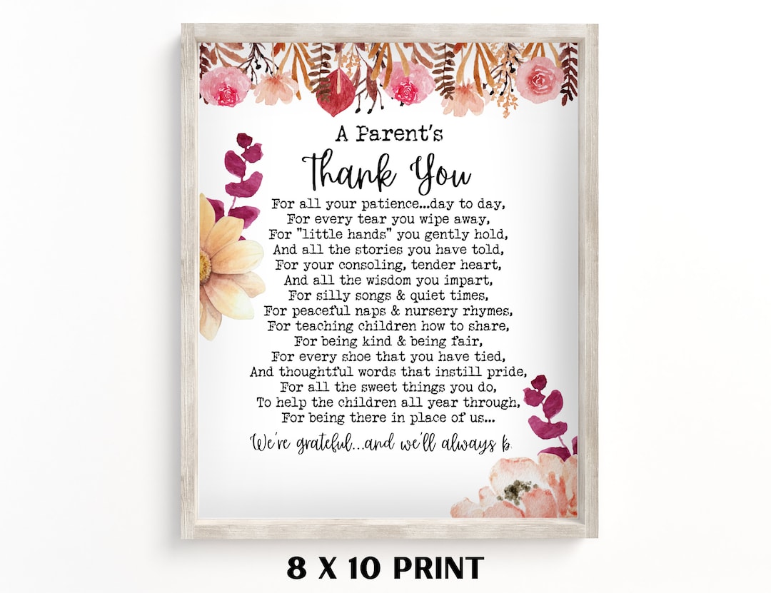 A Parent's Thank You Teacher Appreciation Poem Gift Preschool, Nursery ...