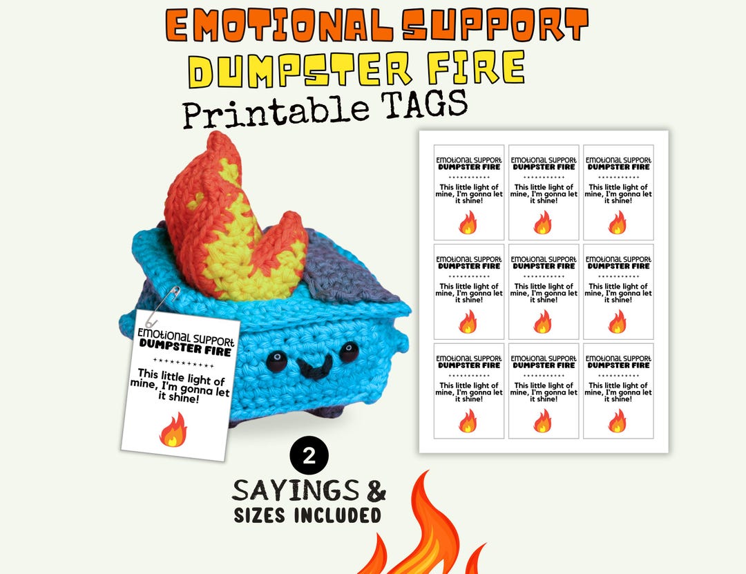 Dumpster Fire Emotional Support Tags, Crochet Emotional Support ...