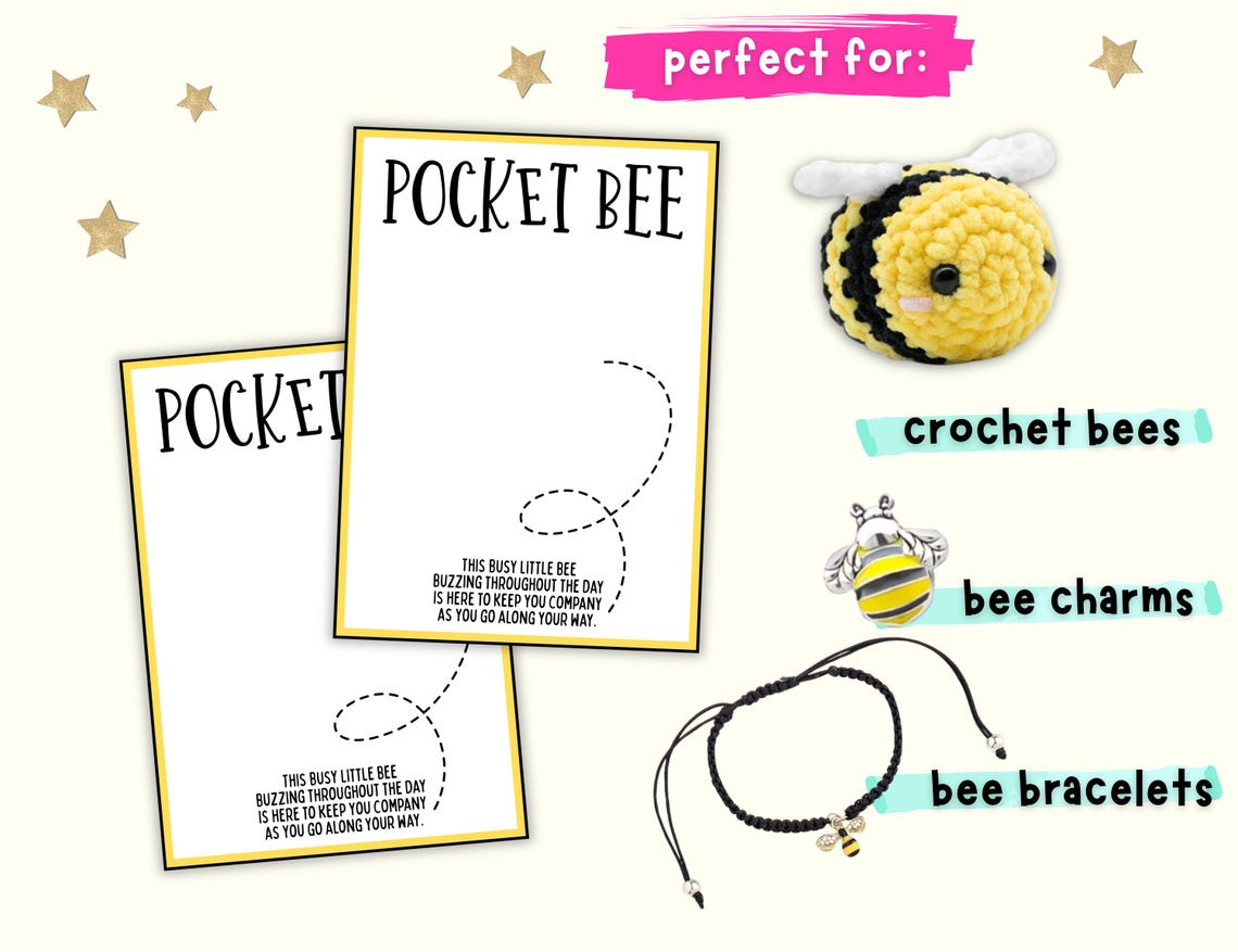 Printable Pocket Bee Cards for Crochet Bees, Bee Charms, Amigurumi Bees ...