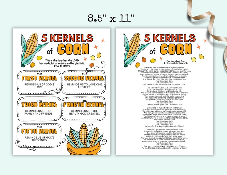5 Kernels of Corn, Thanksgiving Blessing Cards & Poem, the Legend of ...