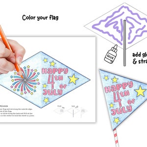 4th of July Coloring Flag Activity for Kids, Printable Flag on a Stick ...