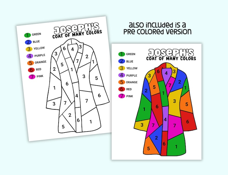 Joseph's Coat of Many Colors Activity, Color by Number Printable Bibe ...