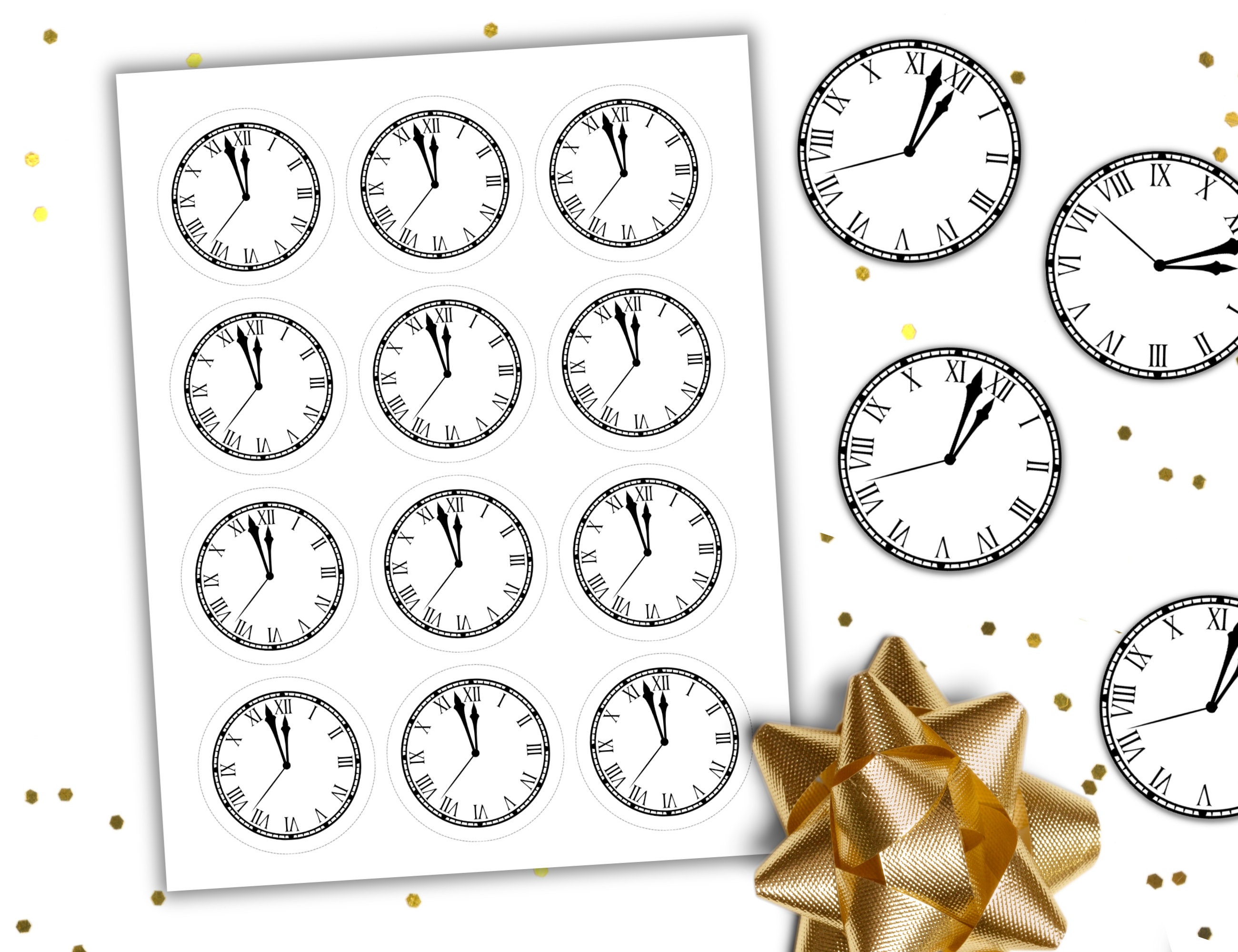 New Years Clock Countdown, New Years Eve Favor, Clock Round Gift Tag ...