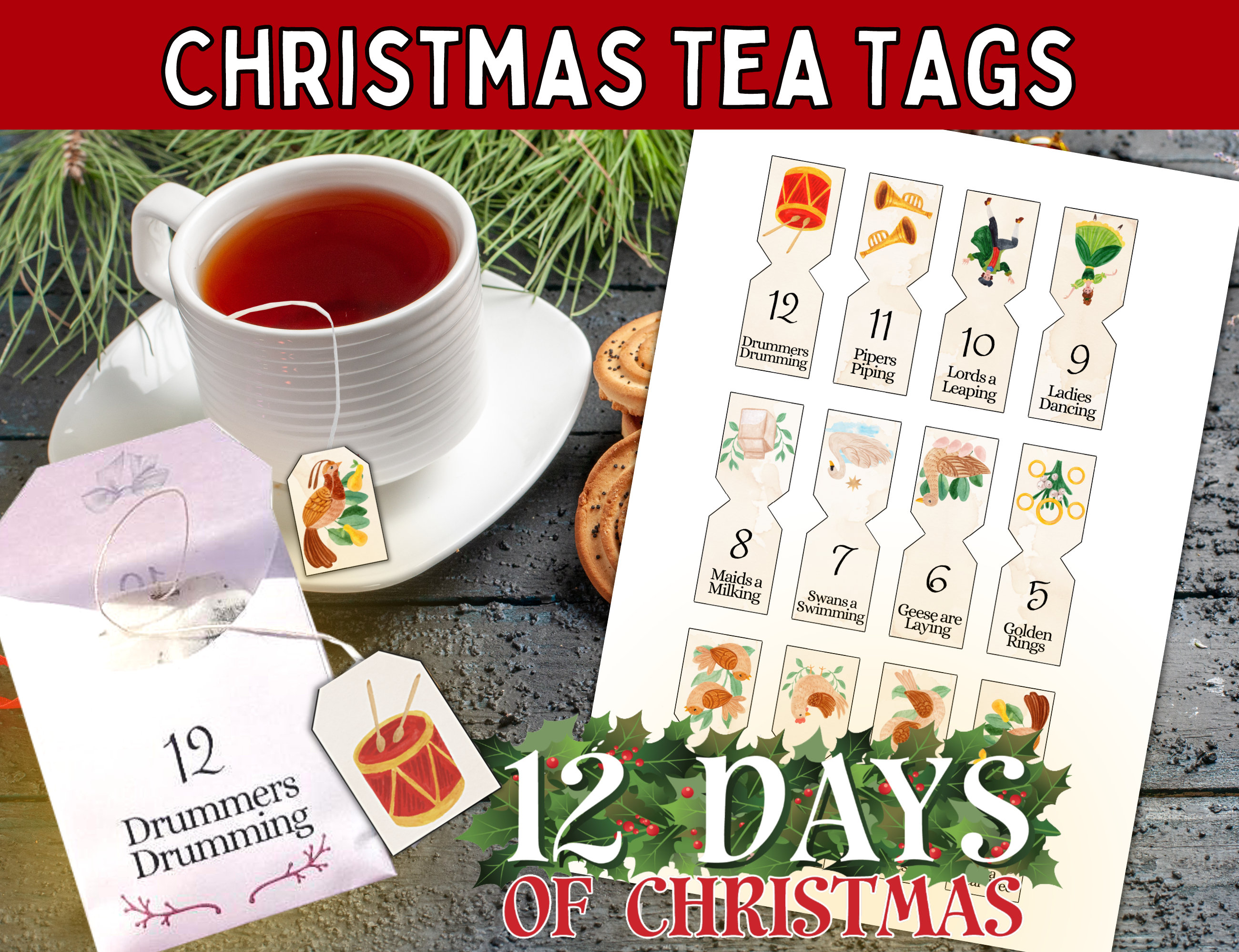 12 Days of Christmas Tea Bag Tags & Envelopes, Christmas Tea Gift, Tea ...