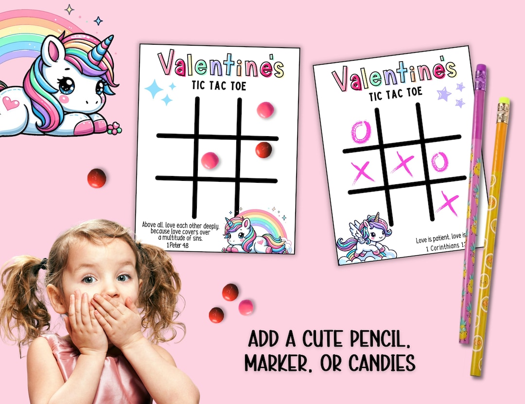 Unicorn Valentines Cards With Bible Verses, Tic Tac Toe Valentines ...