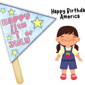 4th of July Coloring Flag Activity for Kids, Printable Flag on a Stick ...