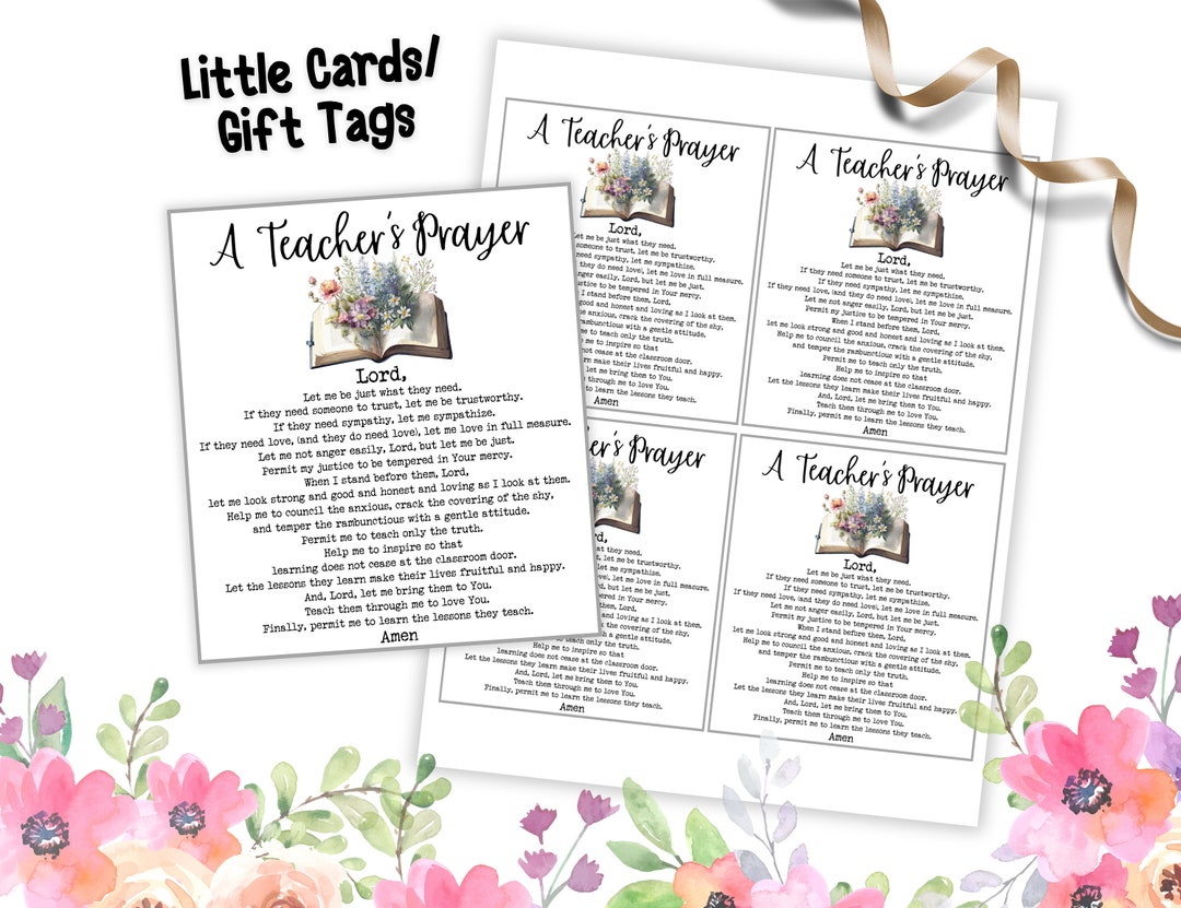 Teacher's Prayer Printable Gift Tag Cards for Teachers in Christian ...