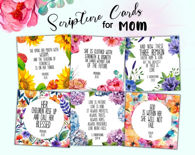 Printable Scripture Cards Set X6, Mother's Day Bible Cards, Women Bible ...