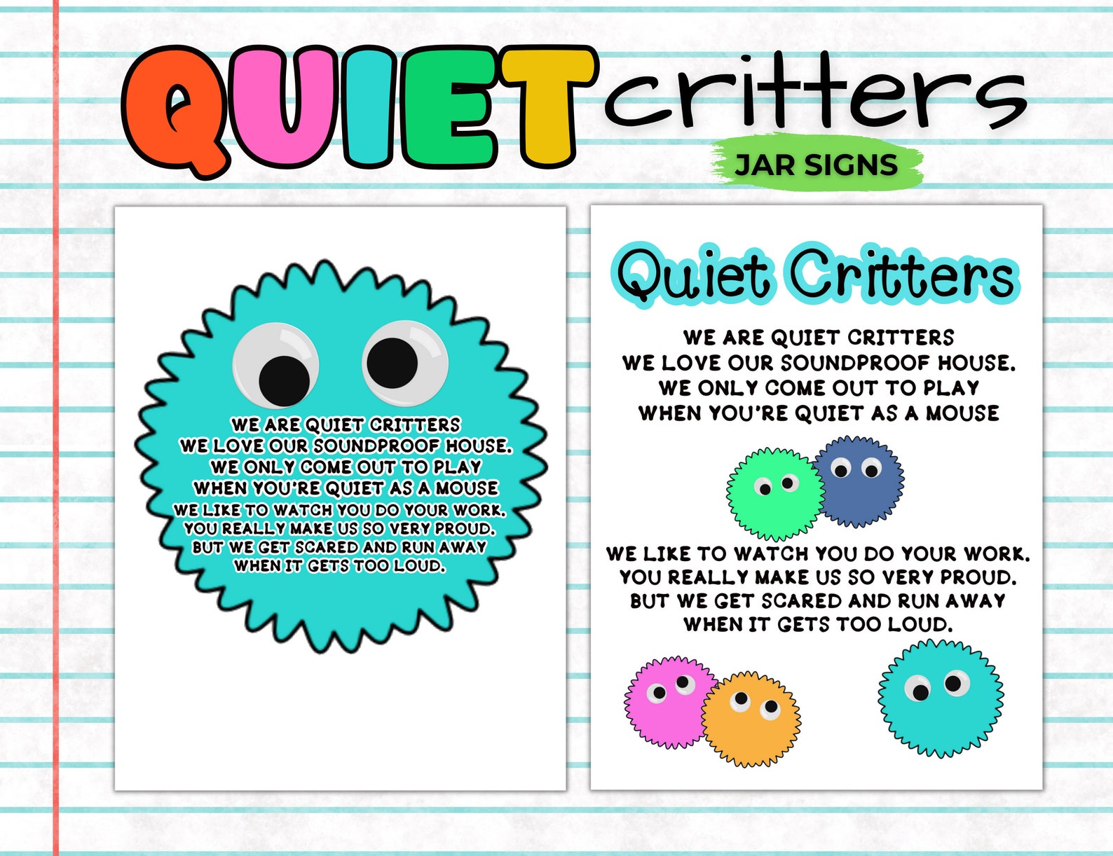 Quiet Critter Poem Sign for Jar, Classroom Behavior Management Fuzzies ...