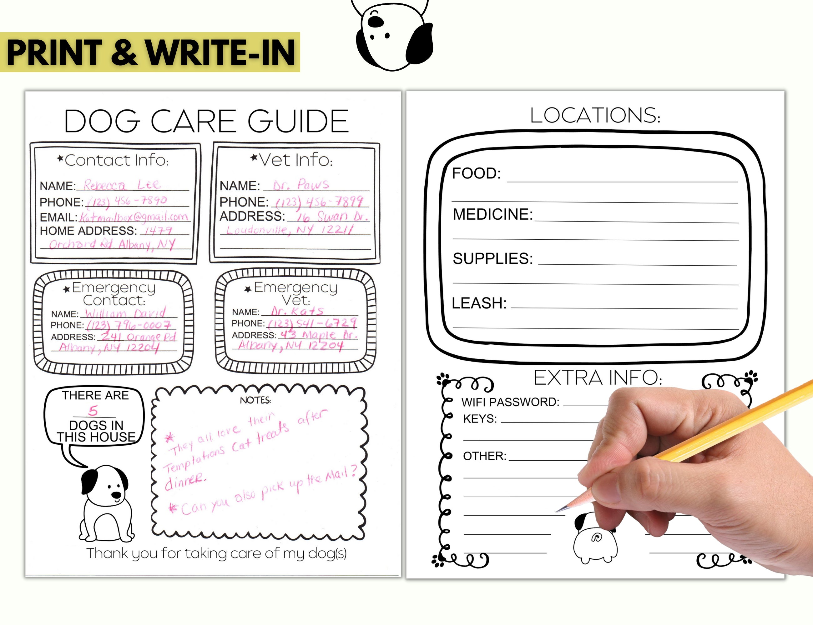 Printable Dog Sitter Notes Pet Sitter Notes / Checklist Pet - Etsy