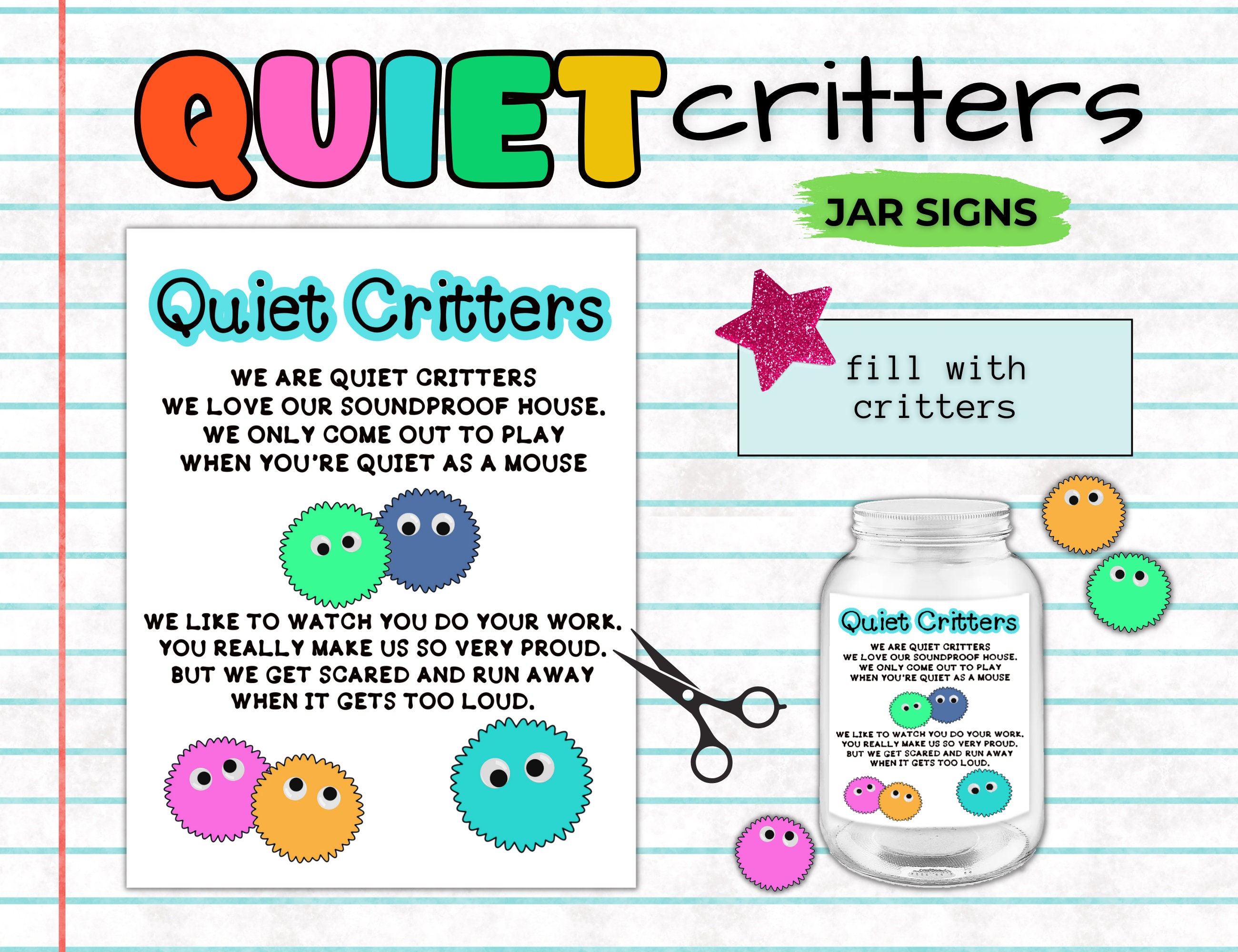 Quiet Critter Poem Sign for Jar, Classroom Behavior Management Fuzzies ...