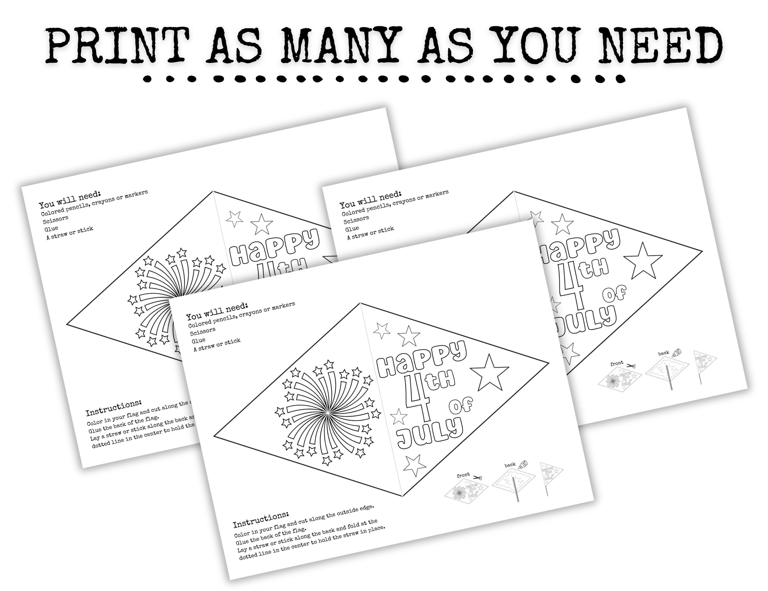 4th of July Coloring Flag Activity for Kids, Printable Flag on a Stick ...