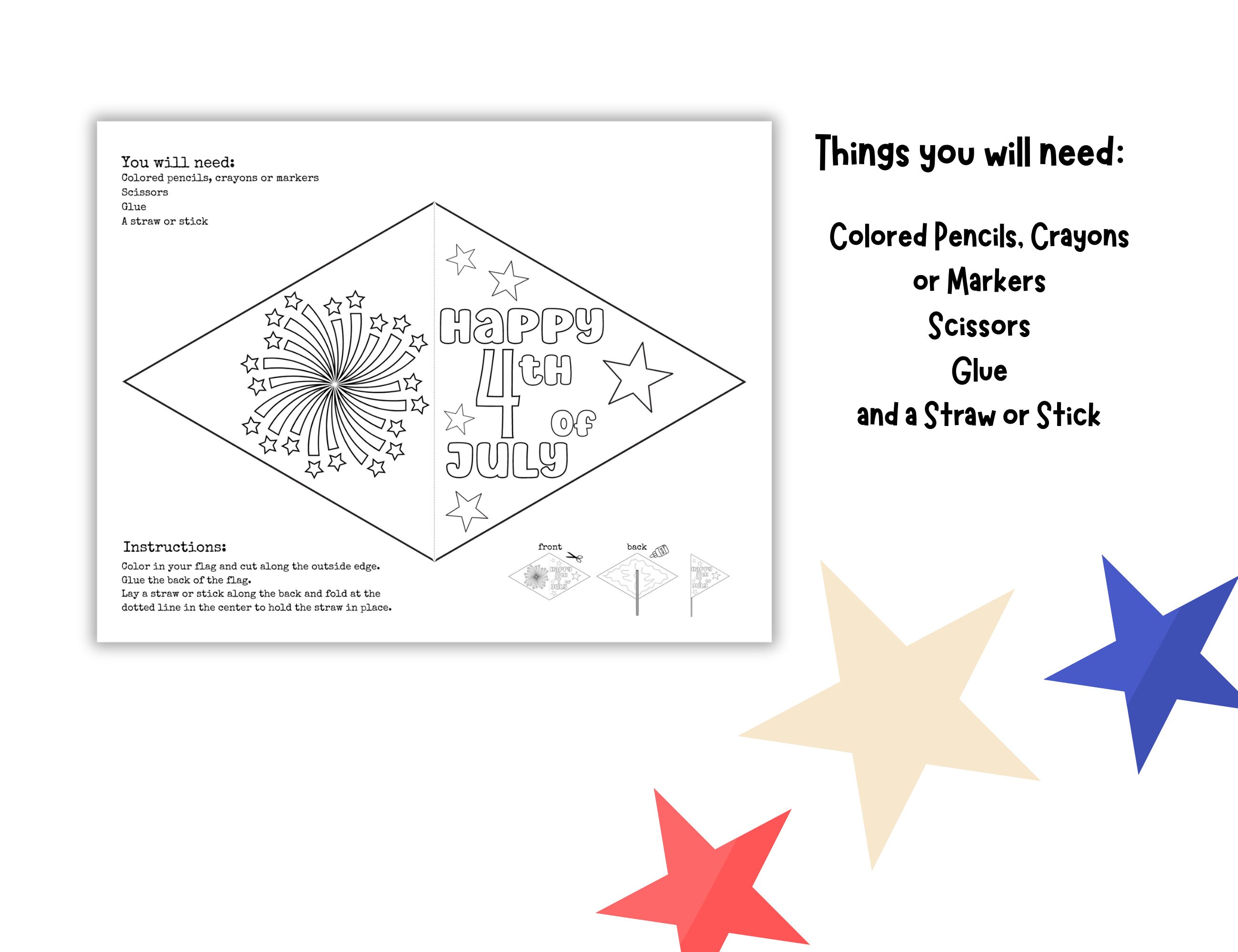 4th of July Coloring Flag Activity for Kids, Printable Flag on a Stick ...