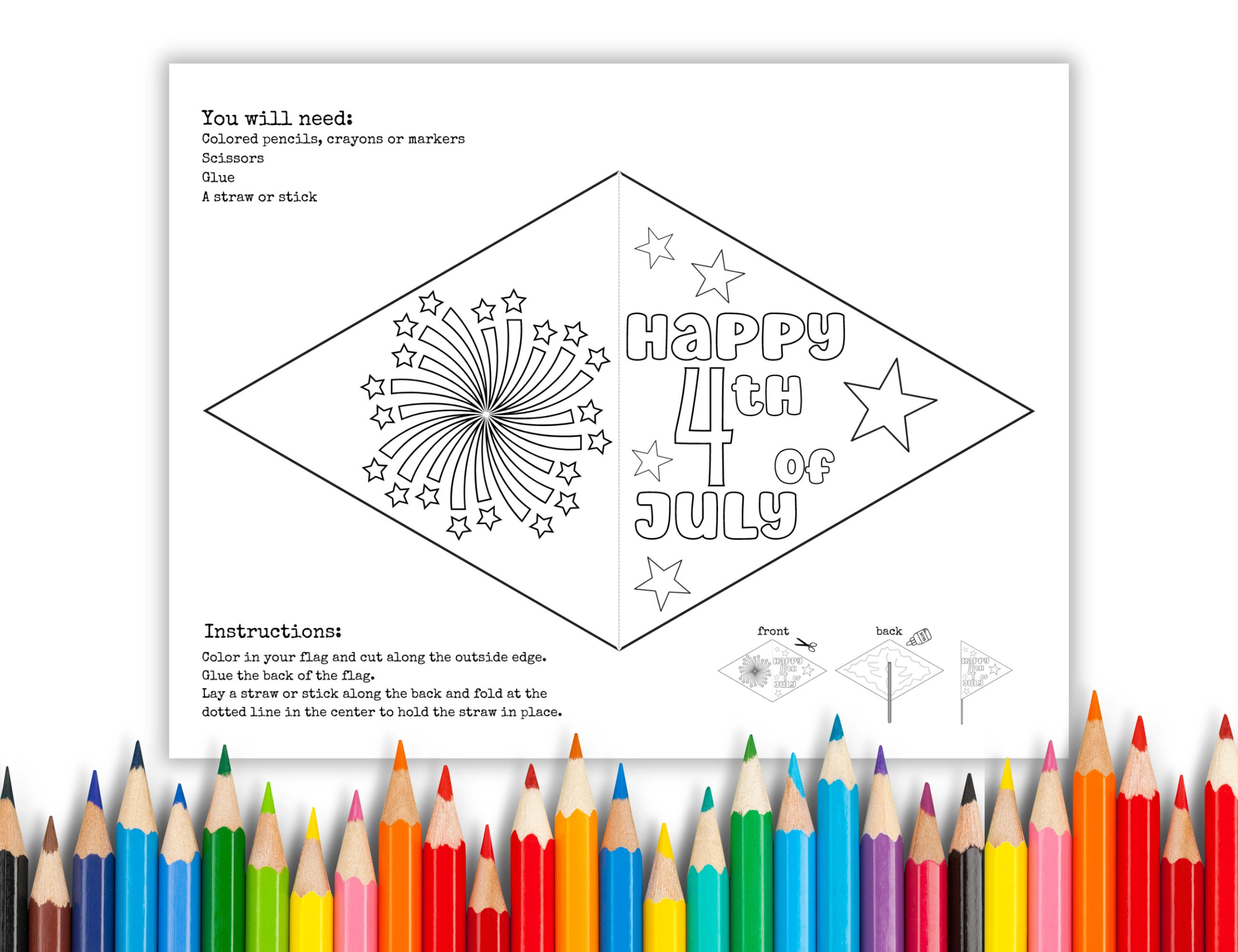 4th of July Coloring Flag Activity for Kids, Printable Flag on a Stick ...