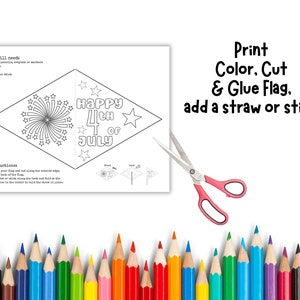 4th of July Coloring Flag Activity for Kids, Printable Flag on a Stick ...
