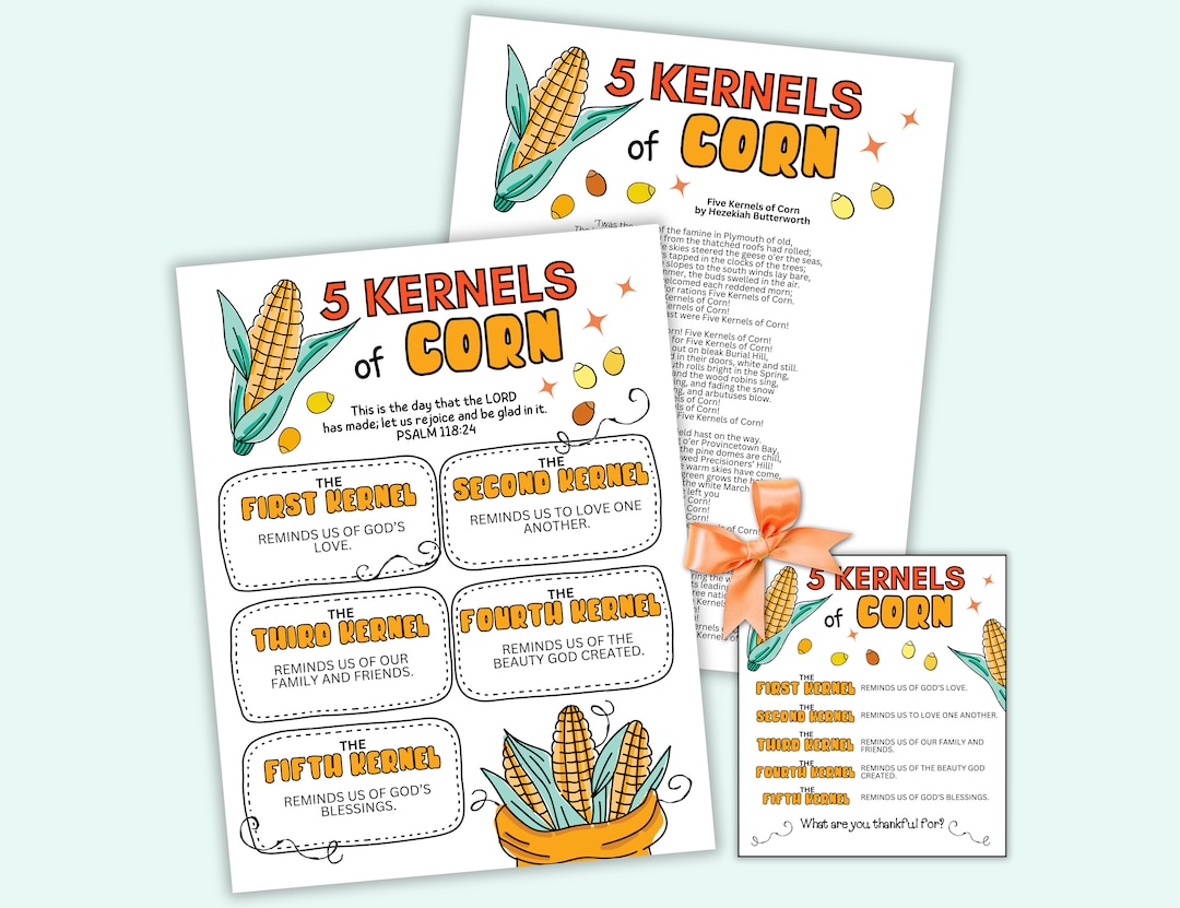 5 Kernels of Corn, Thanksgiving Blessing Cards & Poem, the Legend of ...