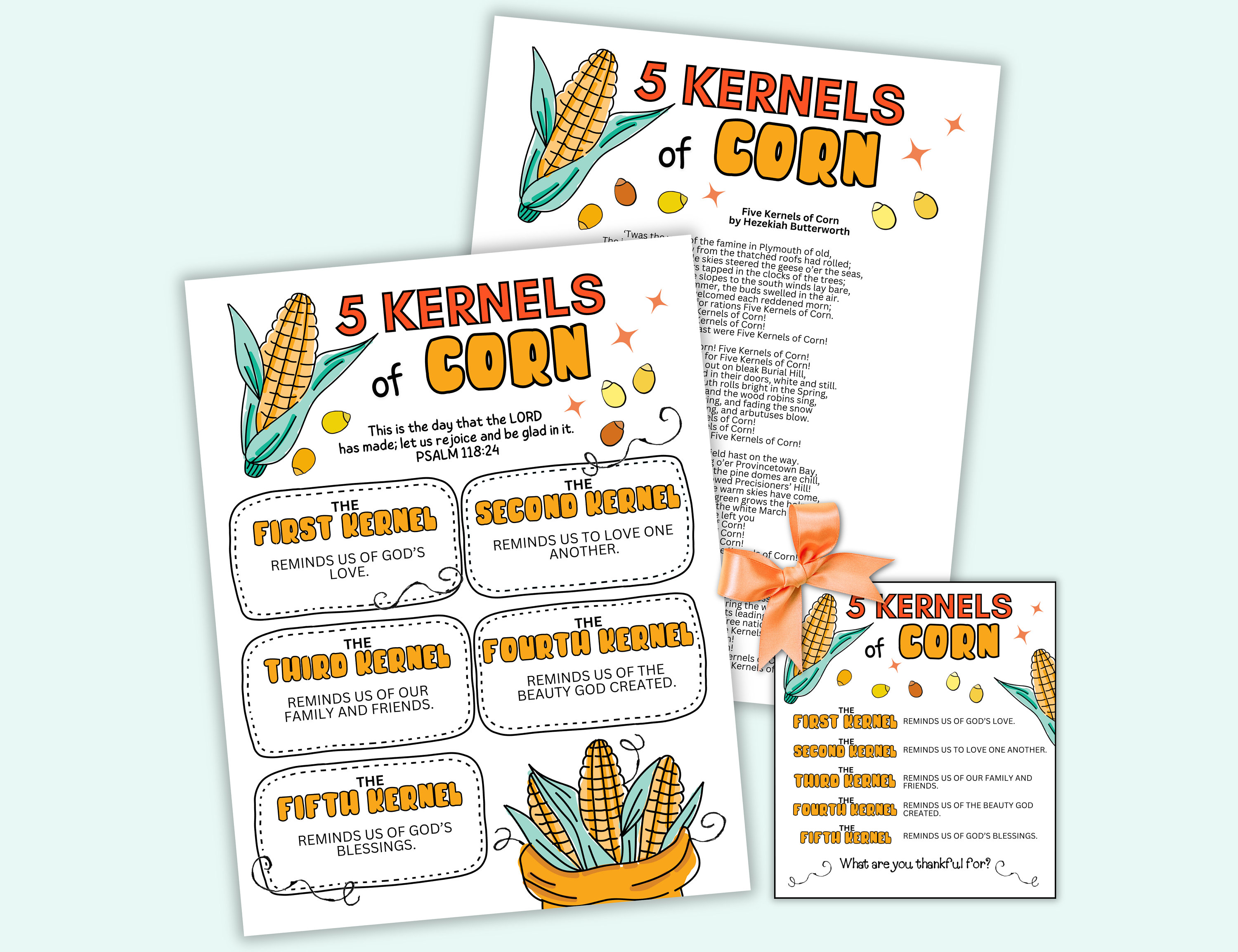 5 Kernels of Corn, Thanksgiving Blessing Cards & Poem, the Legend of ...