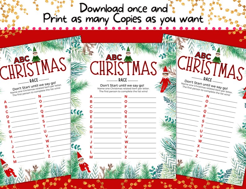 Elf Christmas ABC Race Game, Printable Elf Game, Kids Elf Game, Elf ...