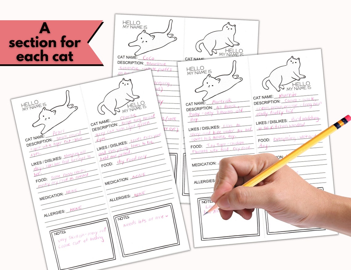 Printable Cat Sitter Notes Pet Sitter Notes Pet Sitter - Etsy