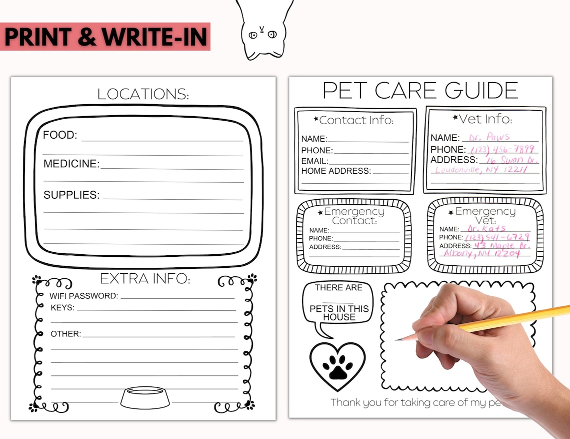 Printable Pet Sitter Notes, Checklist for Pet and House Sitting, Pet ...