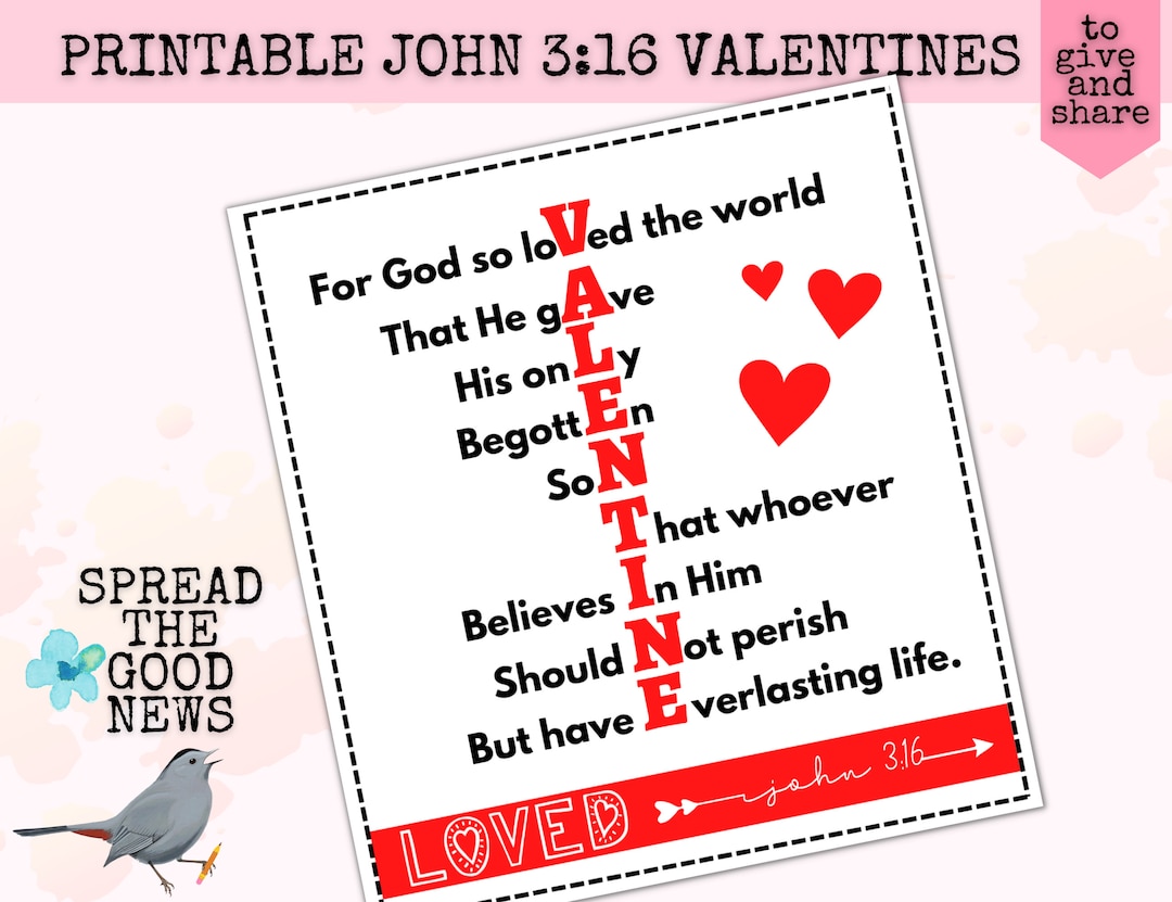 John 3:16 Valentine's Day Bible Verse Cards, Printable Scripture Cards, Christian Tracts to Pass ...