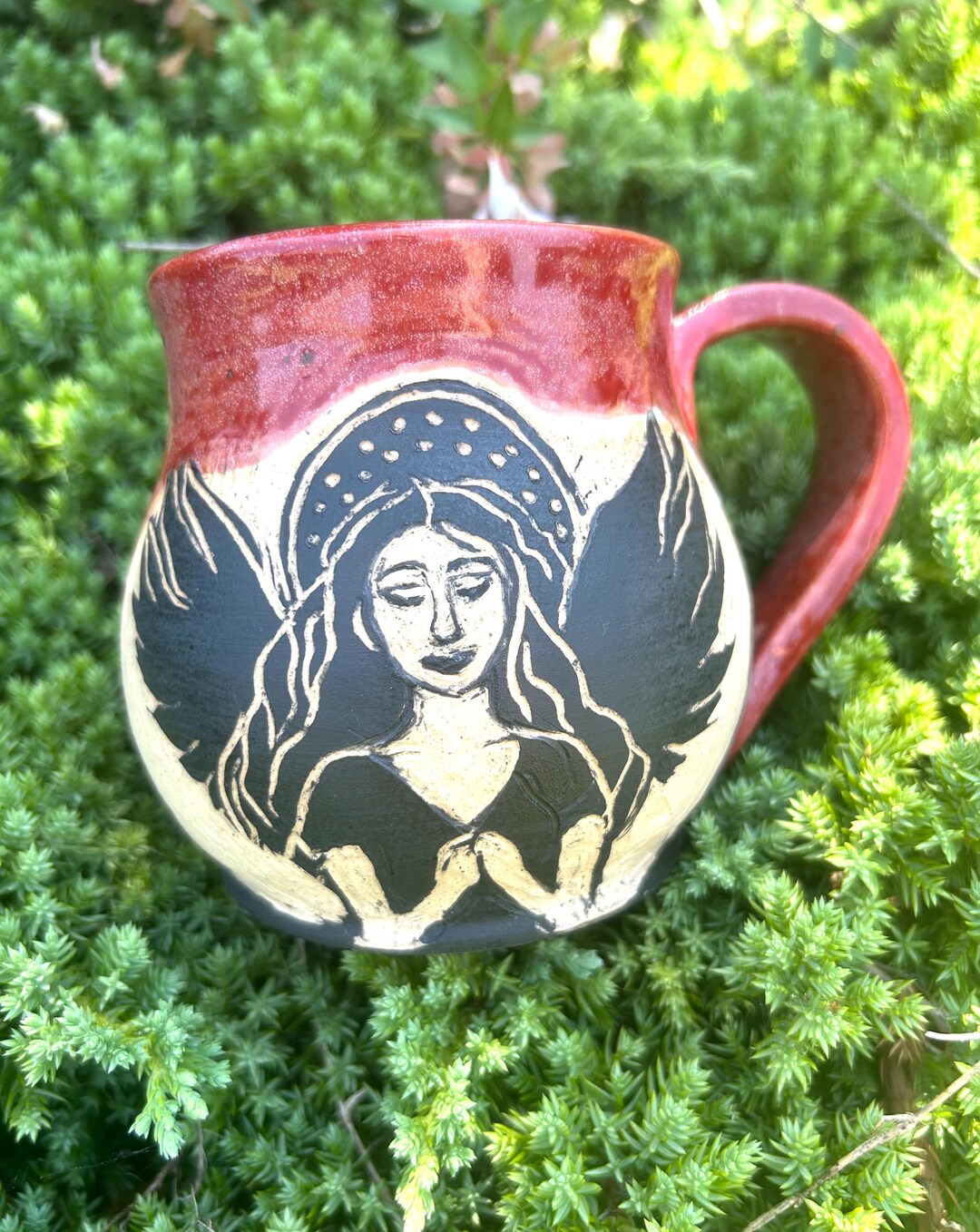 Handcarved Angel Stoneware Coffee Mug: Sgraffito Pottery, 16 Oz - Etsy